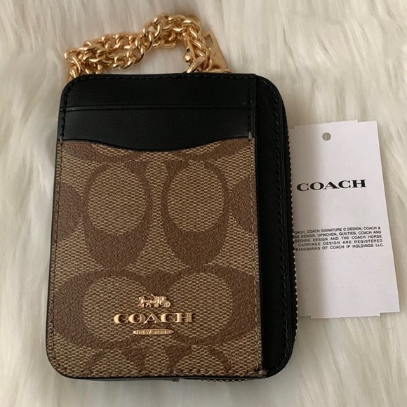 Coach | Accessories | Coach Signature Zip Card Case In Khakiblack ...
